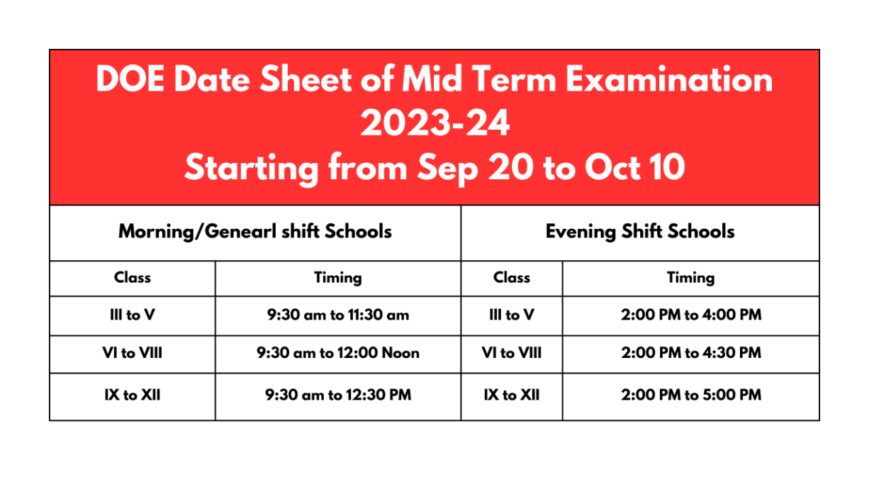 DOE Date Sheet For Mid Term Examination 2023-24 is Finally Out - Download PDF - THE EDUCATION PLANET